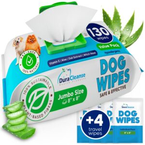 dog wipes for paws and butt - 130 count + 4 travel puppy wipes - 8" x 8" large dog grooming bath wipes | hypoallergenic dog face wipes, extra thick cleaning deodorizing pet wipes for dogs, cats, pets