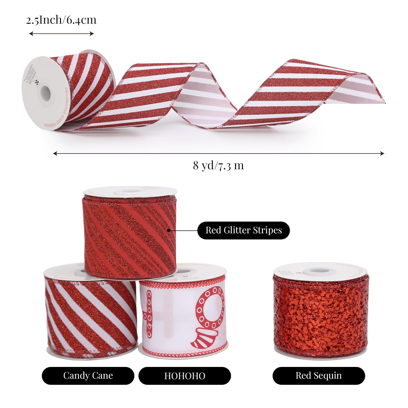 PAPER FAIR 4 Rolls 32 yd Red Glitter Candy Cane Christmas Wired Ribbon Set, 2.5 inch x 8yd Sequin Satin Burlap Ribbon for Xmas Tree Décor, Gift Wrap Box, Bow, Wreath, Garland, Floral DIY Craft