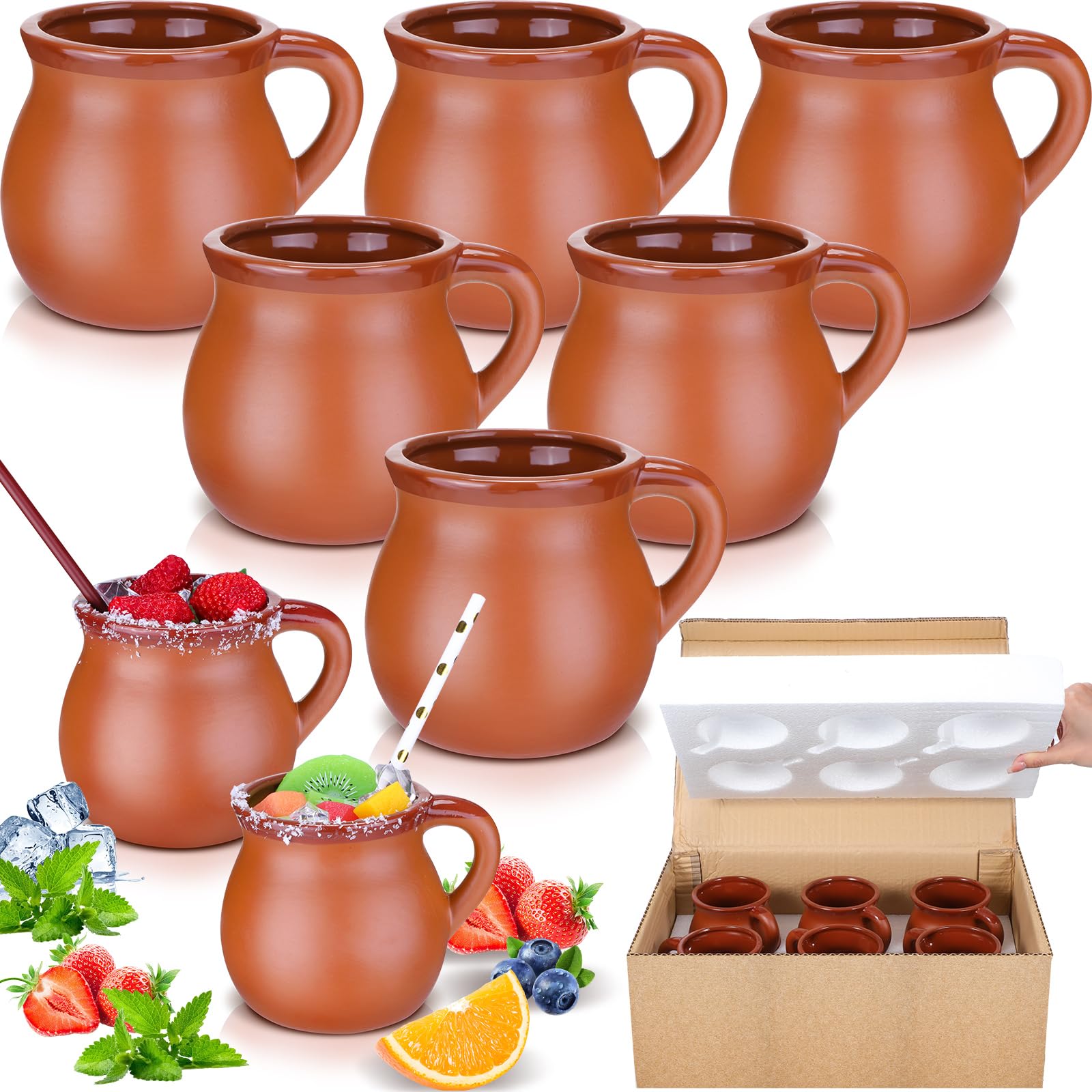 Gejoy Pack of 6 12 oz Cantaritos De Barro mexican clay mugs Clay Cups Artisan Made Coffee Mugs, Cocktail Glasses and Tea Cups for Tequila, Margaritas, Mojitos Cold Hot Drinks