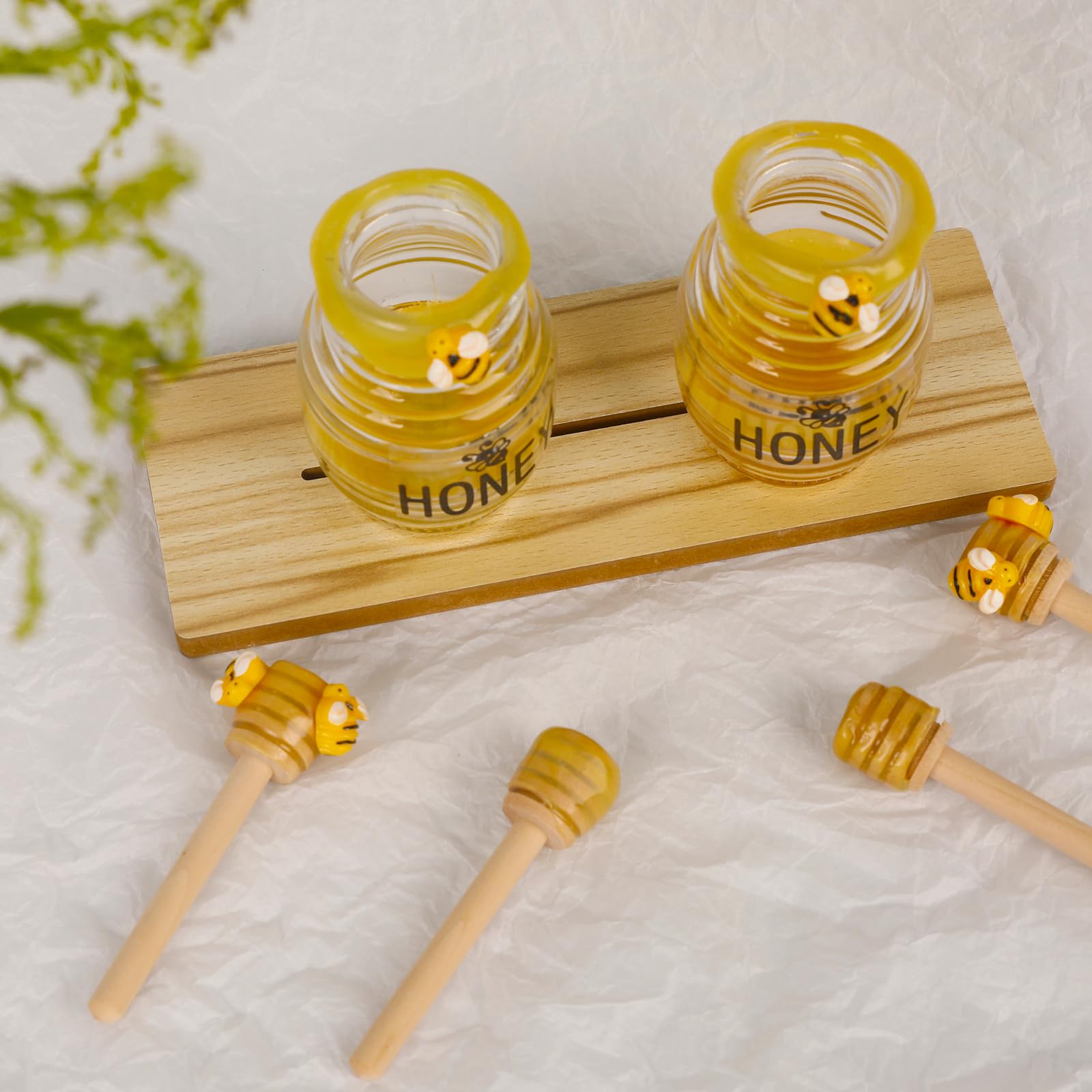 Bee Tiered Tray Decor Fake Honey Pot with Bees and Dippers For Home Birthday Holiday Party Dessert Display Decoration (2 fake Honey Pots +4 wooden Honey Dippers)