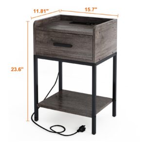 Fixwal Night Stand with Charging Station, Bed Side Table with Storage Drawer, End Table with USB-Ports and Outlets, Rustic Grey