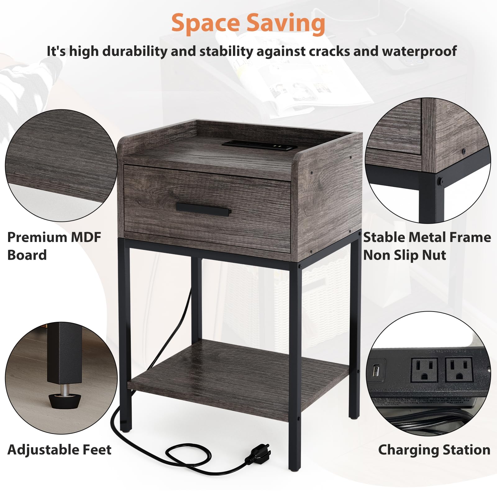 Fixwal Night Stand with Charging Station, Bed Side Table with Storage Drawer, End Table with USB-Ports and Outlets, Rustic Grey