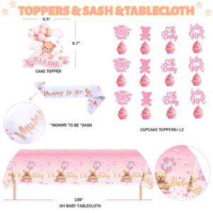 132 PCs Teddy Bear Baby Shower Decorations for Girl, Hombae Pink We Can Bearly Wait Baby Shower Decorations Backdrop Balloon Garland Glitter Banner Tablecloth Cake Cupcake Topper Box Cutout Sash