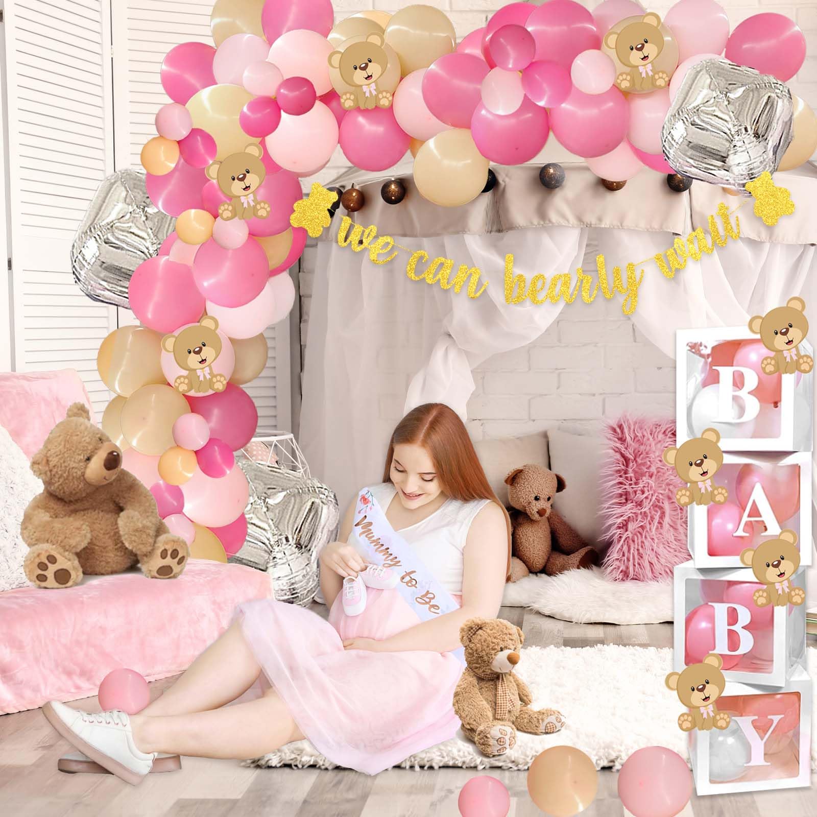 132 PCs Teddy Bear Baby Shower Decorations for Girl, Hombae Pink We Can Bearly Wait Baby Shower Decorations Backdrop Balloon Garland Glitter Banner Tablecloth Cake Cupcake Topper Box Cutout Sash