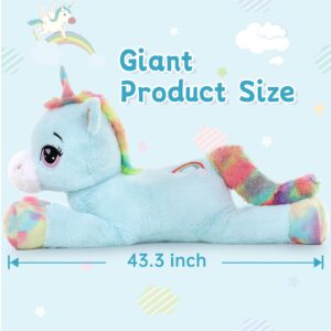 Muiteiur 43inch Large Unicorn Stuffed Animal, 5.4lbs Giant Unicorn Plush Hugging Pillow, Big Fat Blue Stuffed Unicorn Plush Toy Gift for Girls Boys