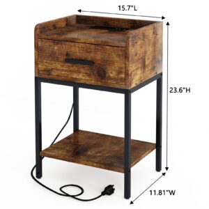 Fixwal Nightstand with Charging Station, Bedside Table with USB Ports and Outlets for Bed, 3-Tier End Table with Drawer Storage for Living Room Bedroom, Rustic Brown