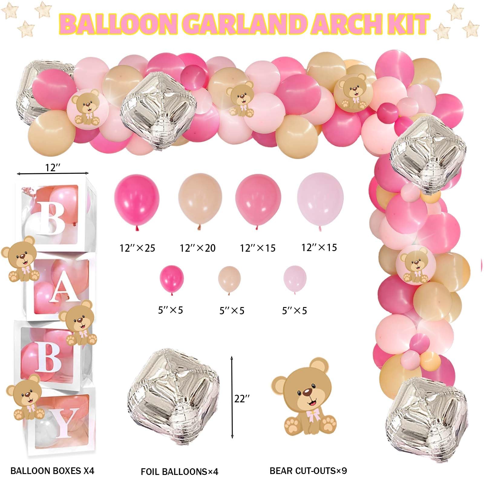 132 PCs Teddy Bear Baby Shower Decorations for Girl, Hombae Pink We Can Bearly Wait Baby Shower Decorations Backdrop Balloon Garland Glitter Banner Tablecloth Cake Cupcake Topper Box Cutout Sash