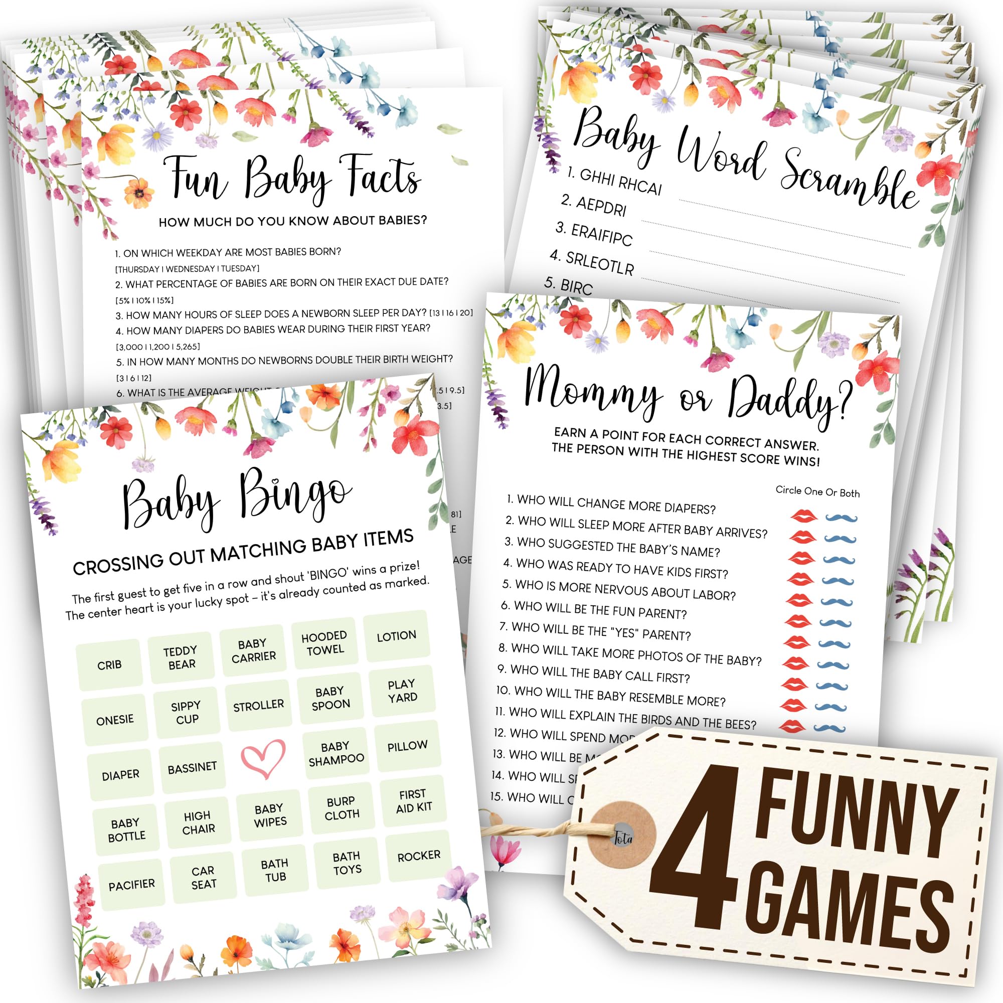 WOODAMORE Wildflower Baby Shower Games for Girl - Baby in Bloom Baby Shower Games Funny, Baby Shower Bingo Game, Floral Baby Bingo for Baby Shower Girl, Mommy Or Daddy Game, Baby Shower Word Scramble