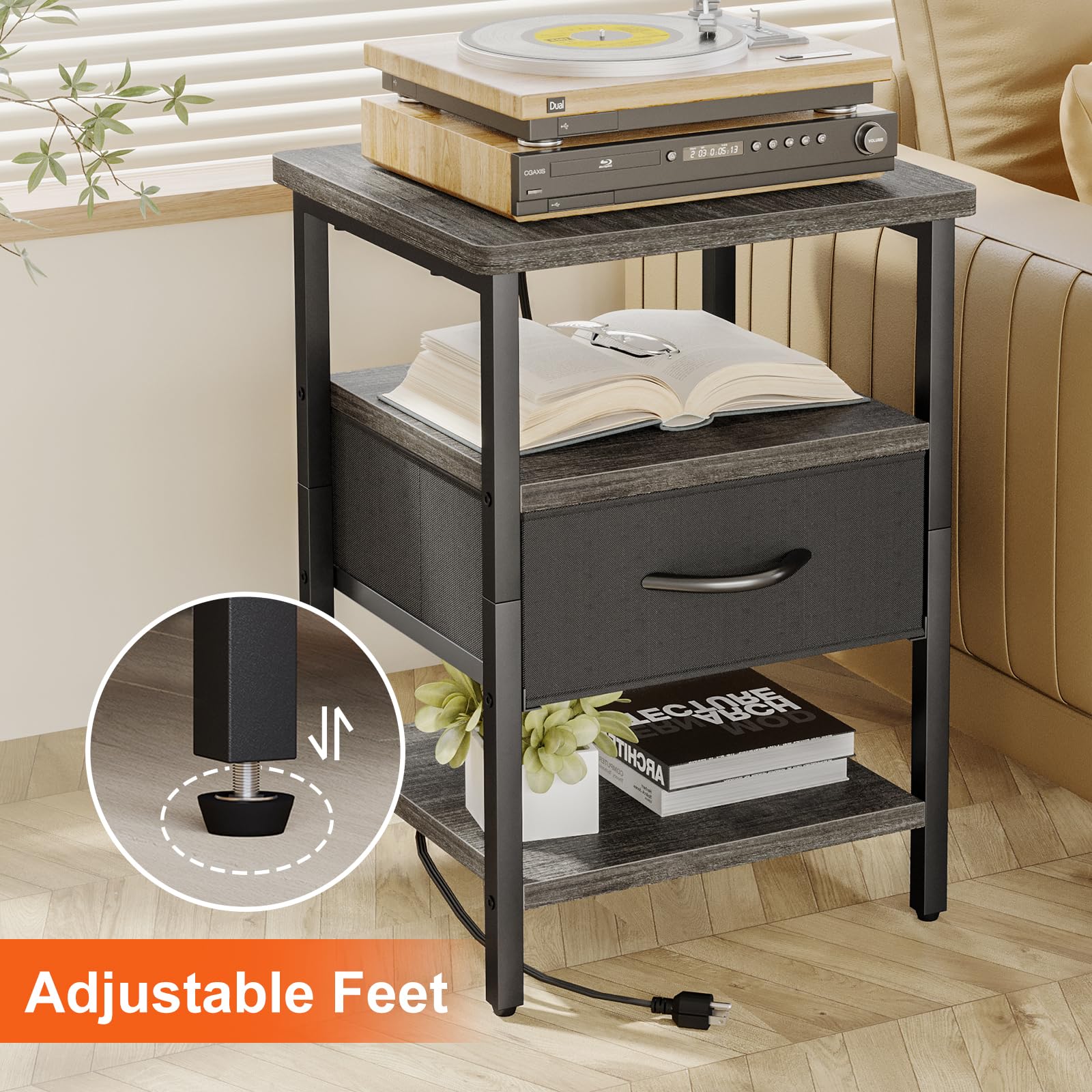 Fixwal Nightstand with Charging Station, 23.6Inch Side Table with Fabric Drawer, Storage Side Table for Bedroom, Gray