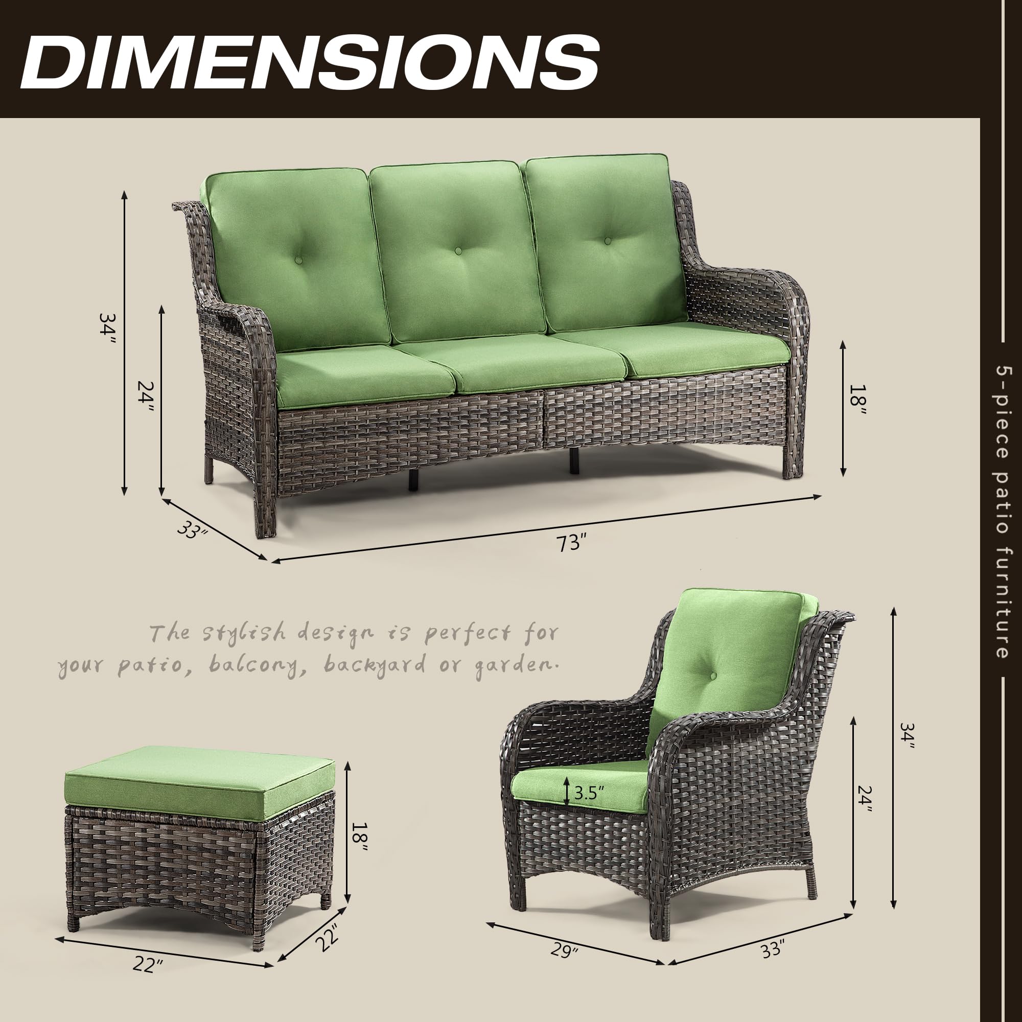 Gardenbee Patio Conversation Set 5-PCS Wicker Outdoor Furniture Conversation Set with 3-Seat Sofa, 2 Armchair, 2 Ottoman Patio Rattan Wicker Sectional Sofa Set with Olefin Cushion, Green