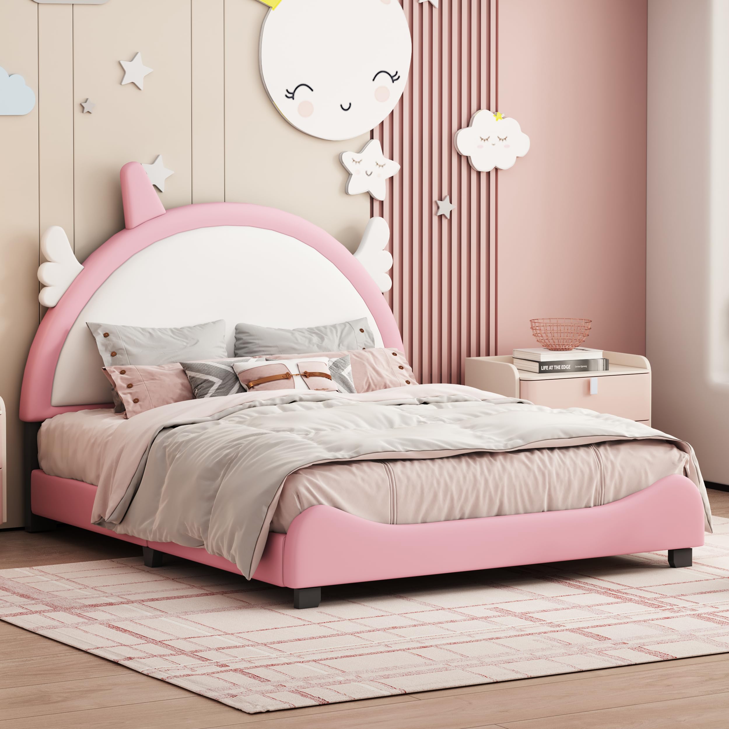 Harper & Bright Designs Full Size Upholstered Princess Bed Frame with Crown Headboard for Boys Girls Kids Toddler,Full Size Platform Bed with Headboard and Footboard,White+Pink (Pink3)