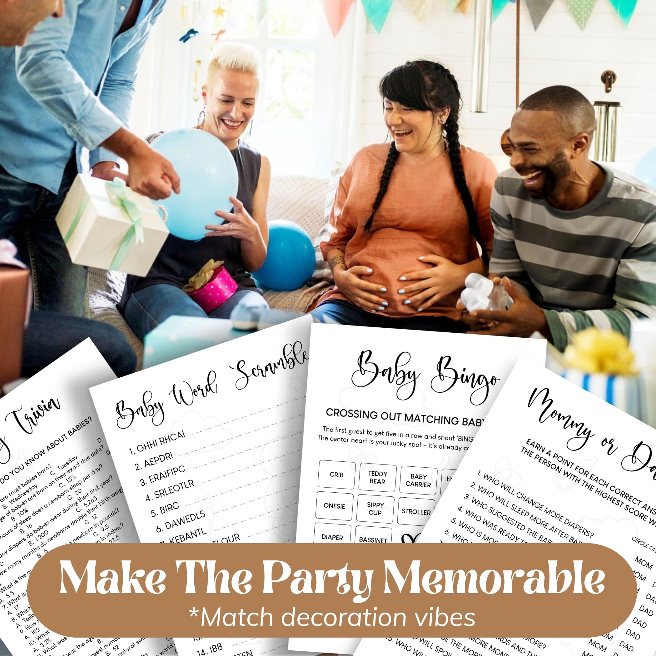 WOODAMORE Funny Baby Shower Games Gender Neutral - Baby Shower Bingo Game for Girl, Baby Bingo for Baby Shower Boy, Baby Trivia Baby Word Scramble Card, Baby Games for Baby Shower Decorations