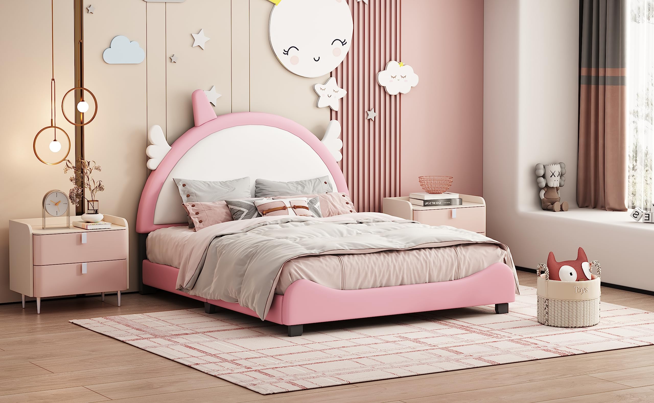 Harper & Bright Designs Full Size Upholstered Princess Bed Frame with Crown Headboard for Boys Girls Kids Toddler,Full Size Platform Bed with Headboard and Footboard,White+Pink (Pink3)