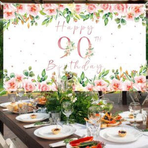 Crenics 90th Birthday Decorations for Women, Rose Gold Floral Happy 90th Birthday Banner Backdrop for Female 90 Birthday Party Supplies, 5.9 x 3.6 Ft