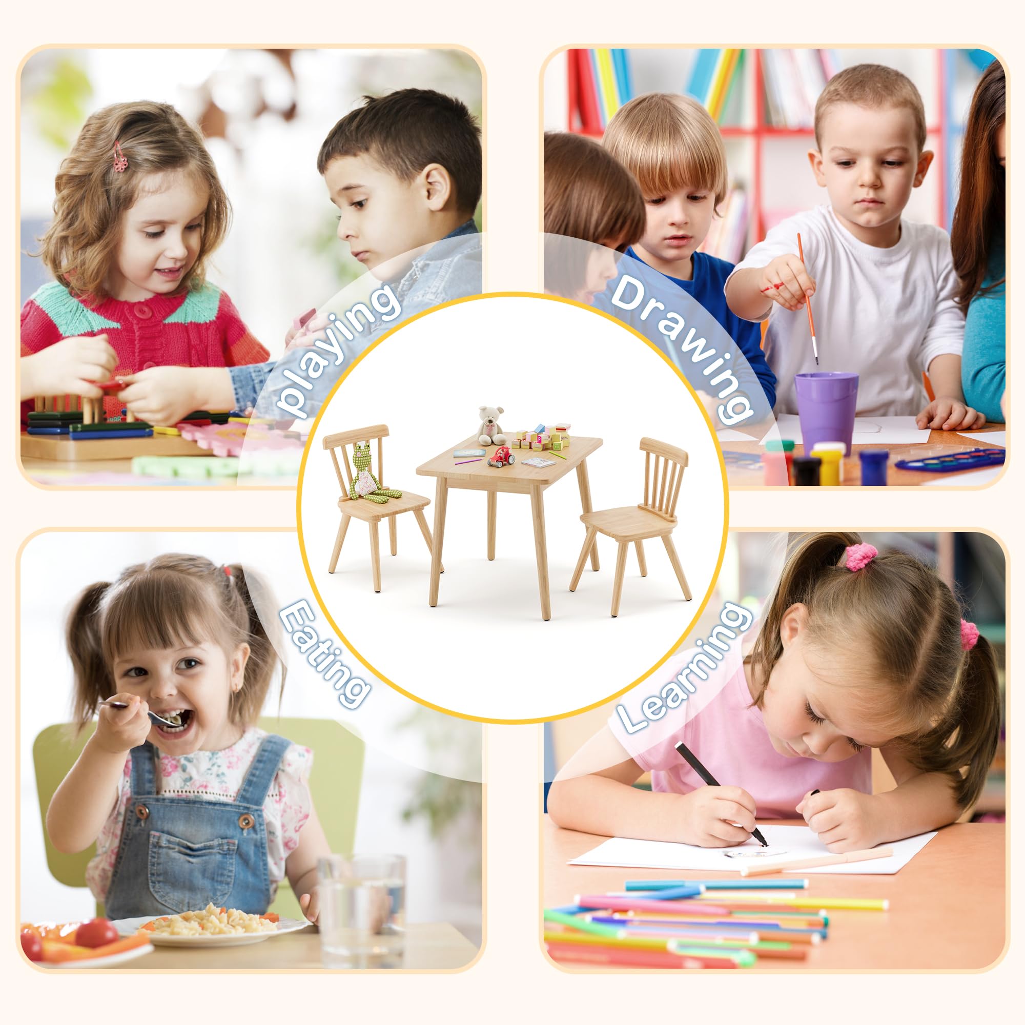 Curipeer Windsor Kids Table and 2 Chair Set, Rubberwood Toddler Table and Chair Set for Art, Play, Craft, Activity, Children Table with Non-Slip Legs/Round Edge Design, Natural Wood