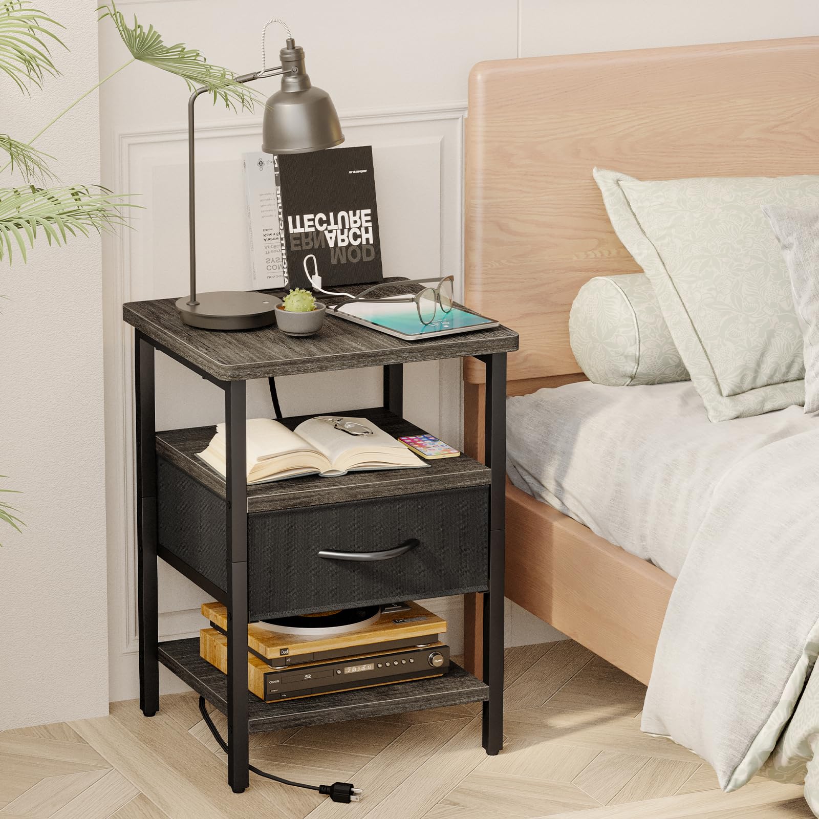 Fixwal Nightstand with Charging Station, 23.6Inch Side Table with Fabric Drawer, Storage Side Table for Bedroom, Gray