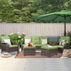 gardenbee patio conversation set 5-pcs wicker outdoor furniture conversation set with 3-seat sofa, 2 armchair, 2 ottoman patio rattan wicker sectional sofa set with olefin cushion, green