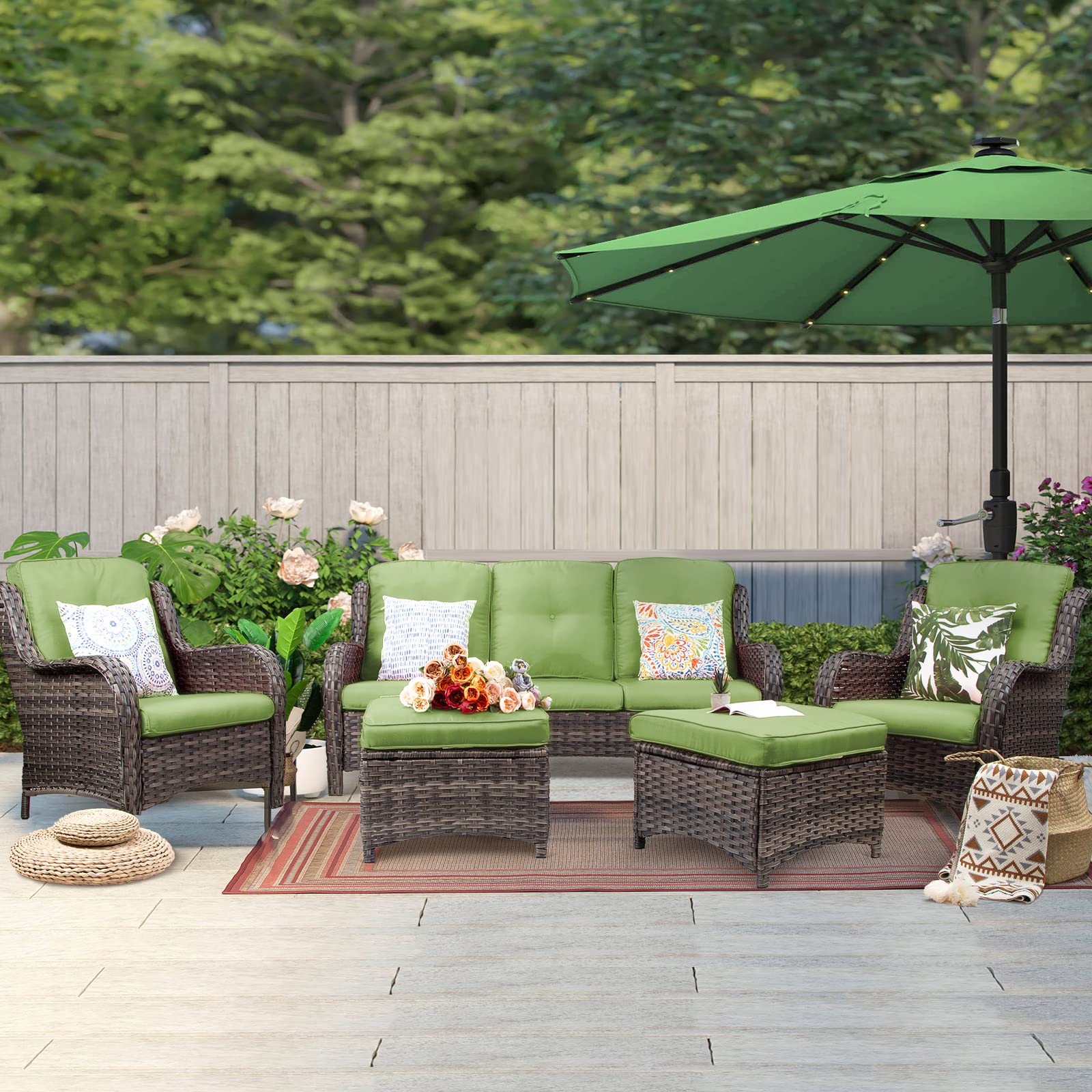 Gardenbee Patio Conversation Set 5-PCS Wicker Outdoor Furniture Conversation Set with 3-Seat Sofa, 2 Armchair, 2 Ottoman Patio Rattan Wicker Sectional Sofa Set with Olefin Cushion, Green