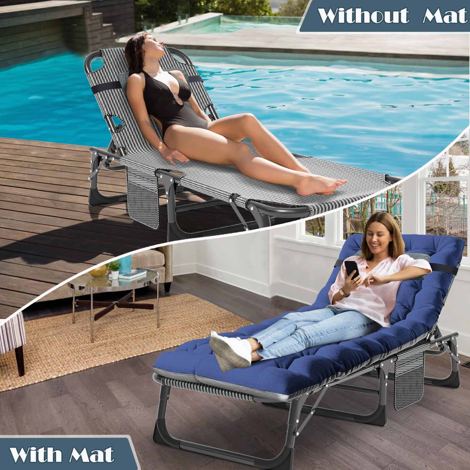 MOPHOTO Folding Chaise Lounge Chair 5-Position, Folding Cot, Heavy Duty Patio Chaise Lounges for Outside, Poolside, Beach, Lawn, Camping