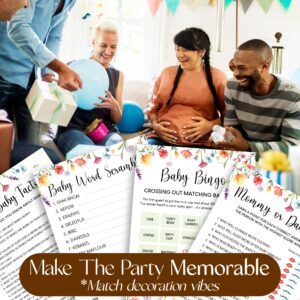 WOODAMORE Wildflower Baby Shower Games for Girl - Baby in Bloom Baby Shower Games Funny, Baby Shower Bingo Game, Floral Baby Bingo for Baby Shower Girl, Mommy Or Daddy Game, Baby Shower Word Scramble