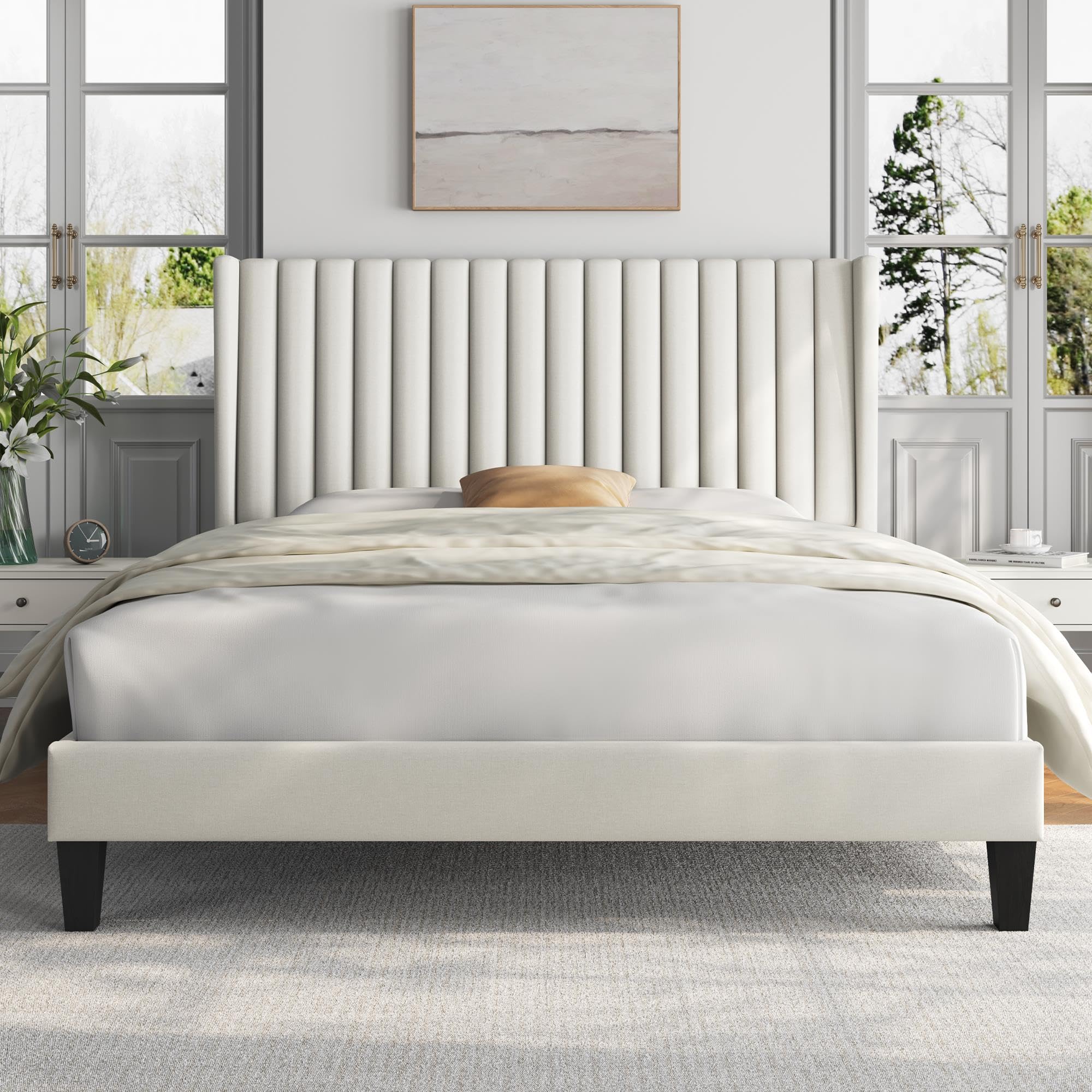 Yaheetech Queen Bed Frame Upholstered Platform Bed with Fabric Headboard, Wing Edge Design/Non-Slip and Noise-Free/Wooden Slats Support/No Box Spring Needed/Easy Assembly, Beige Queen Bed