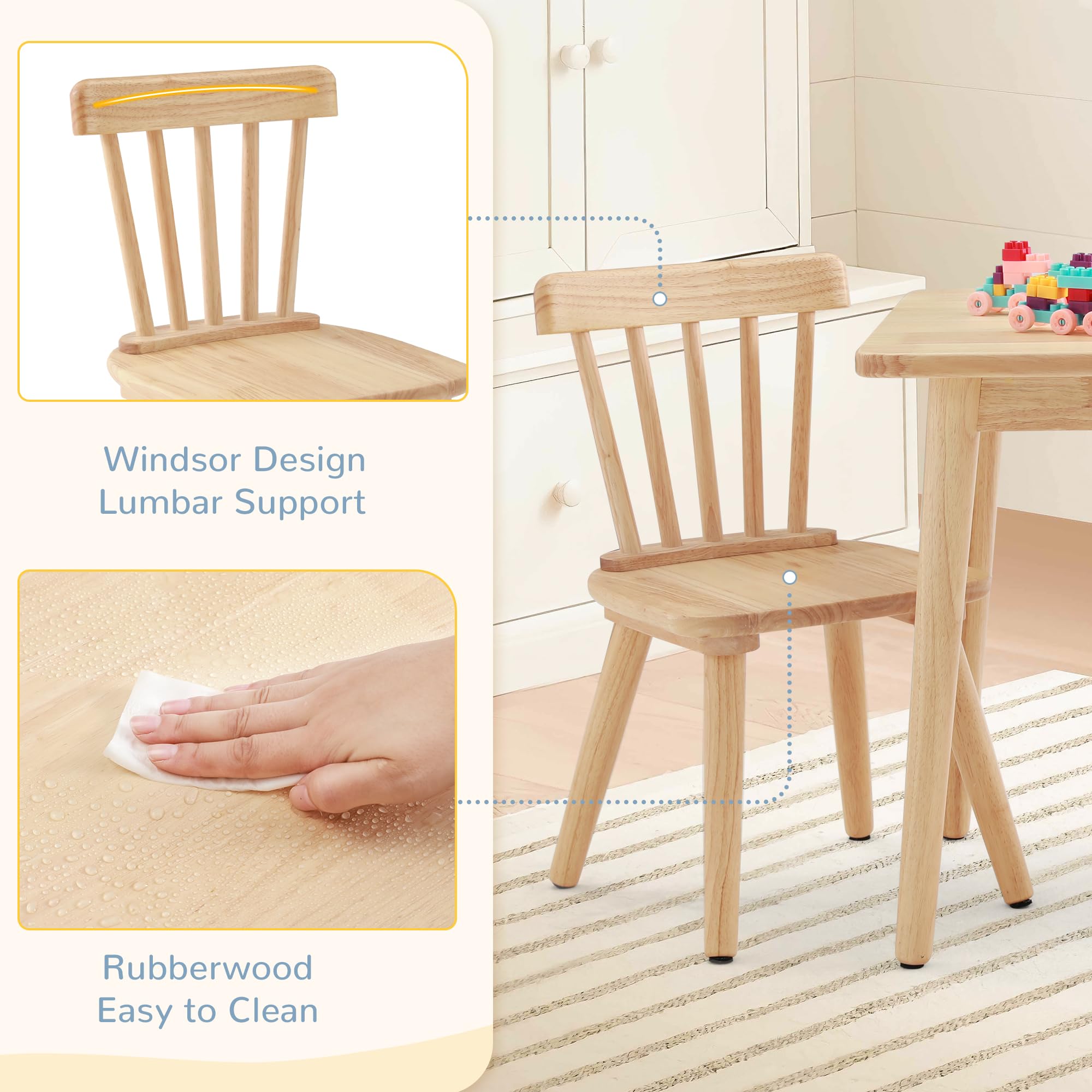 Curipeer Windsor Kids Table and 2 Chair Set, Rubberwood Toddler Table and Chair Set for Art, Play, Craft, Activity, Children Table with Non-Slip Legs/Round Edge Design, Natural Wood