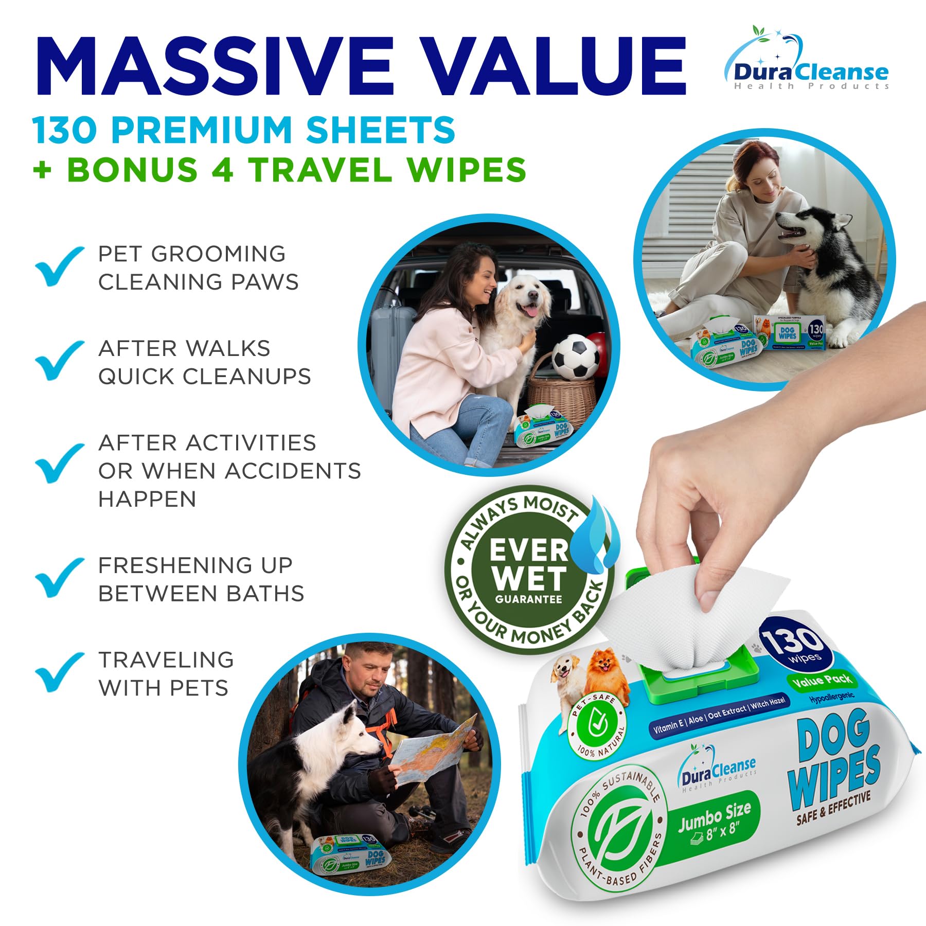 Dog Wipes for Paws and Butt - 130 Count + 4 Travel Puppy Wipes - 8" x 8" Large Dog Grooming Bath Wipes | Hypoallergenic Dog Face Wipes, Extra Thick Cleaning Deodorizing Pet Wipes for Dogs, Cats, Pets