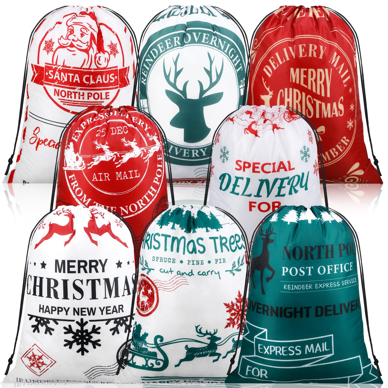 Abbylike 8 Pcs Large Christmas Santa Gift Bags, Jumbo Santa Sacks Christmas Drawstring Gift Bags Polyester Fabric Xmas Gift Sacks for Event Party Supplies Christmas Party Favors(26 x 19 Inch)