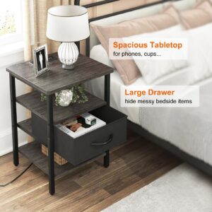 Fixwal Nightstand with Charging Station, 23.6Inch Side Table with Fabric Drawer, Storage Side Table for Bedroom, Gray