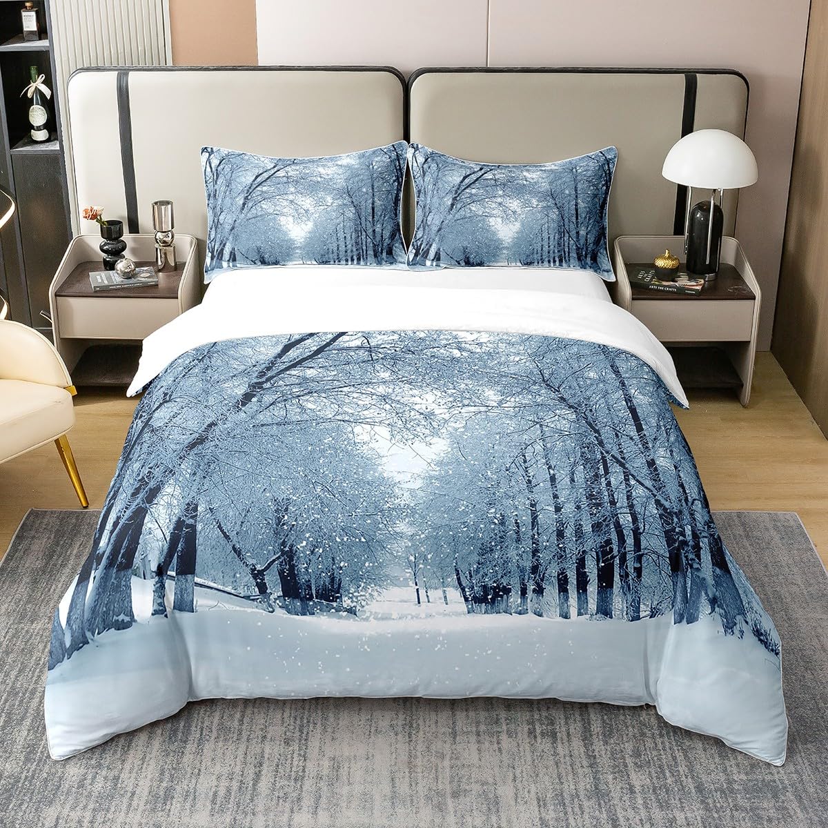 Erosebridal 100% Natural Cotton Winter Duvet Cover Queen, Blue Snow Snowstorm Bedding Set, Park Winter Landscape Scene Comforter Cover, Snowy Woodland Trees Bedroom Decor Soft Breathable Quilt Cover