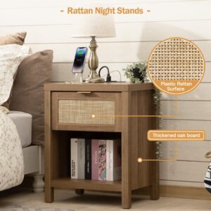 SICOTAS Rattan Nightstand Set of 2, Farmhouse Night Stands with Charging Station Bedside Table with Drawer, Boho End Table with USB and Type-C Ports for Bedroom Small Space, Oak Wood