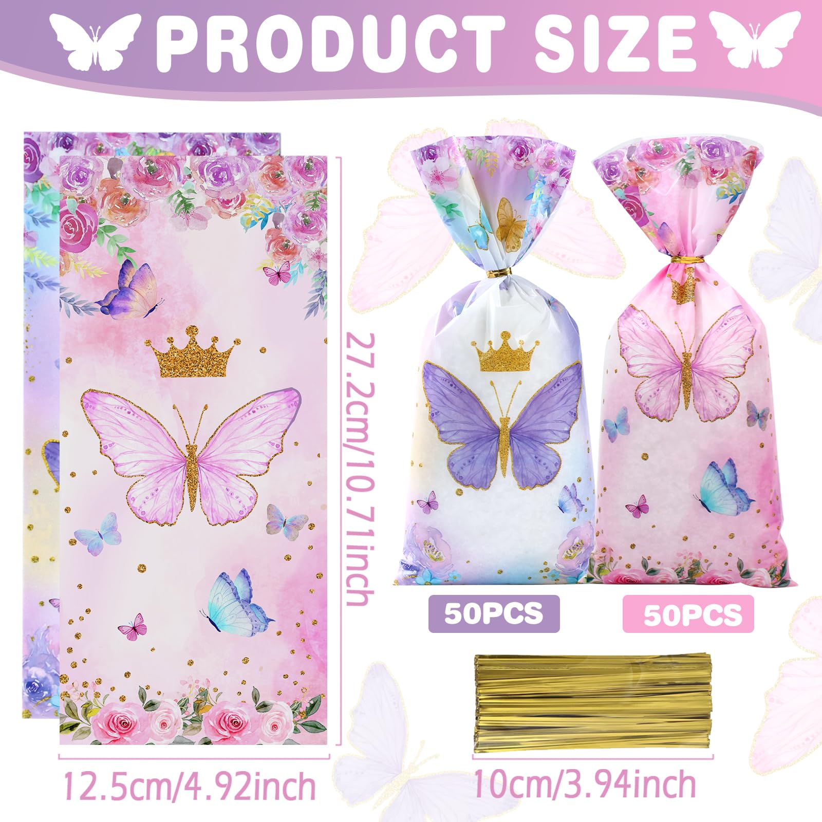 Purple Pink Butterfly Candy Bag - 100pcs Pink and Purple Gift Wrap Clear Gift Bags Candy Bags Cookie Bags Party Favor Bags for Bakery, Birthday, Wedding, Baby Shower Party Decoration