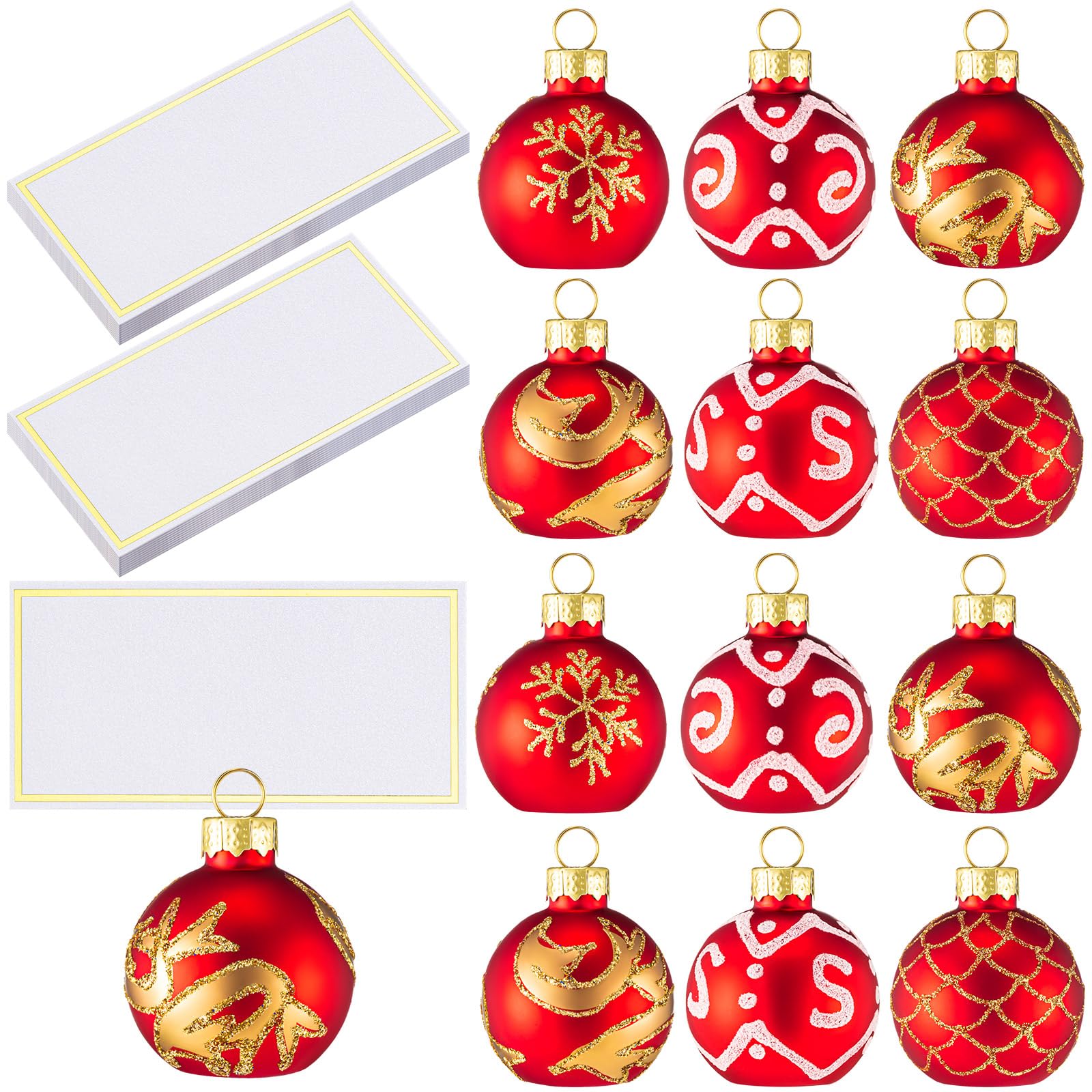 Nitial 12 Pcs Christmas Ornament Place Card Holders with 18 Pcs Name Cards Glass Red Ball Ornament Table Number Holders Table Sign Card Holder for Xmas Party Wedding Anniversary Birthday, 1.57 Inch