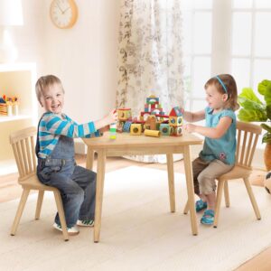 Curipeer Windsor Kids Table and 2 Chair Set, Rubberwood Toddler Table and Chair Set for Art, Play, Craft, Activity, Children Table with Non-Slip Legs/Round Edge Design, Natural Wood