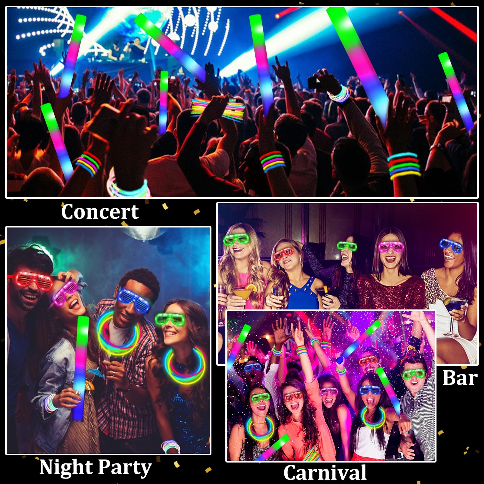 148 PCS New Years Eve Glow in the Dark Party Supplies- 24 Pcs 16" Foam Glow Sticks, 24 Pcs LED Glasses, 100 Pcs Glow Sticks Necklaces Bracelets Light Up New Years Party Favors Wedding Birthday