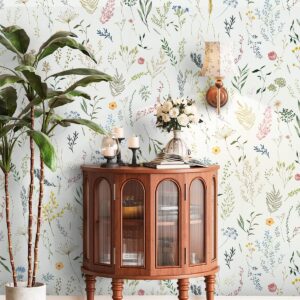 Dimoon 78.7"x16.1" Floral Peel and Stick Wallpaper Beige Contact Paper Thicken Wallpaper Delicate Flower Waterproof Green Leaf White Self Adhesive Removable Wall Paper Shelf Liner Decal Vinyl Roll