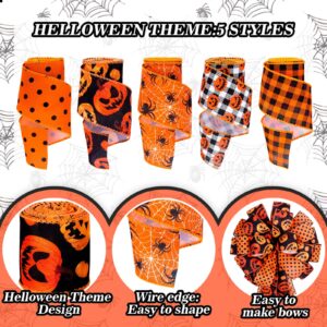 Whaline 5 Rolls Halloween Wired Ribbon Orange Black Pumpkin Face Spider Gift Wrapping Ribbon Dots Buffalo Plaid Decorative Ribbon for Crafts Bow Wreath Gift Wrapping Halloween Party Decor, 30 Yards