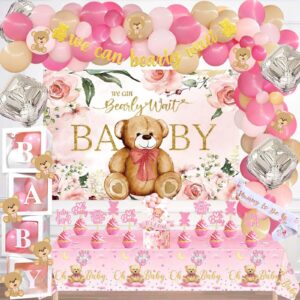 132 pcs teddy bear baby shower decorations for girl, hombae pink we can bearly wait baby shower decorations backdrop balloon garland glitter banner tablecloth cake cupcake topper box cutout sash