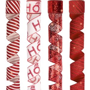 paper fair 4 rolls 32 yd red glitter candy cane christmas wired ribbon set, 2.5 inch x 8yd sequin satin burlap ribbon for xmas tree décor, gift wrap box, bow, wreath, garland, floral diy craft