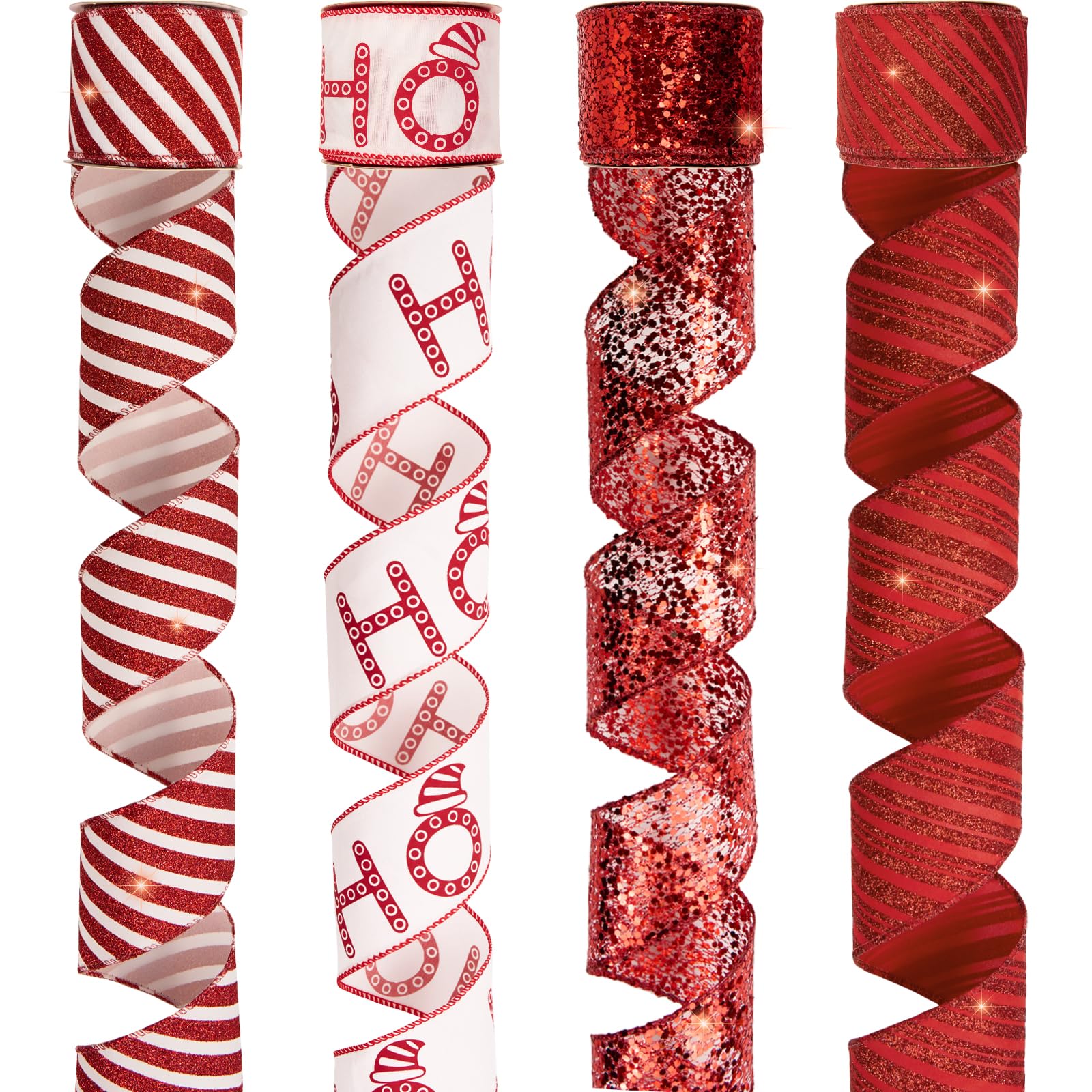 PAPER FAIR 4 Rolls 32 yd Red Glitter Candy Cane Christmas Wired Ribbon Set, 2.5 inch x 8yd Sequin Satin Burlap Ribbon for Xmas Tree Décor, Gift Wrap Box, Bow, Wreath, Garland, Floral DIY Craft