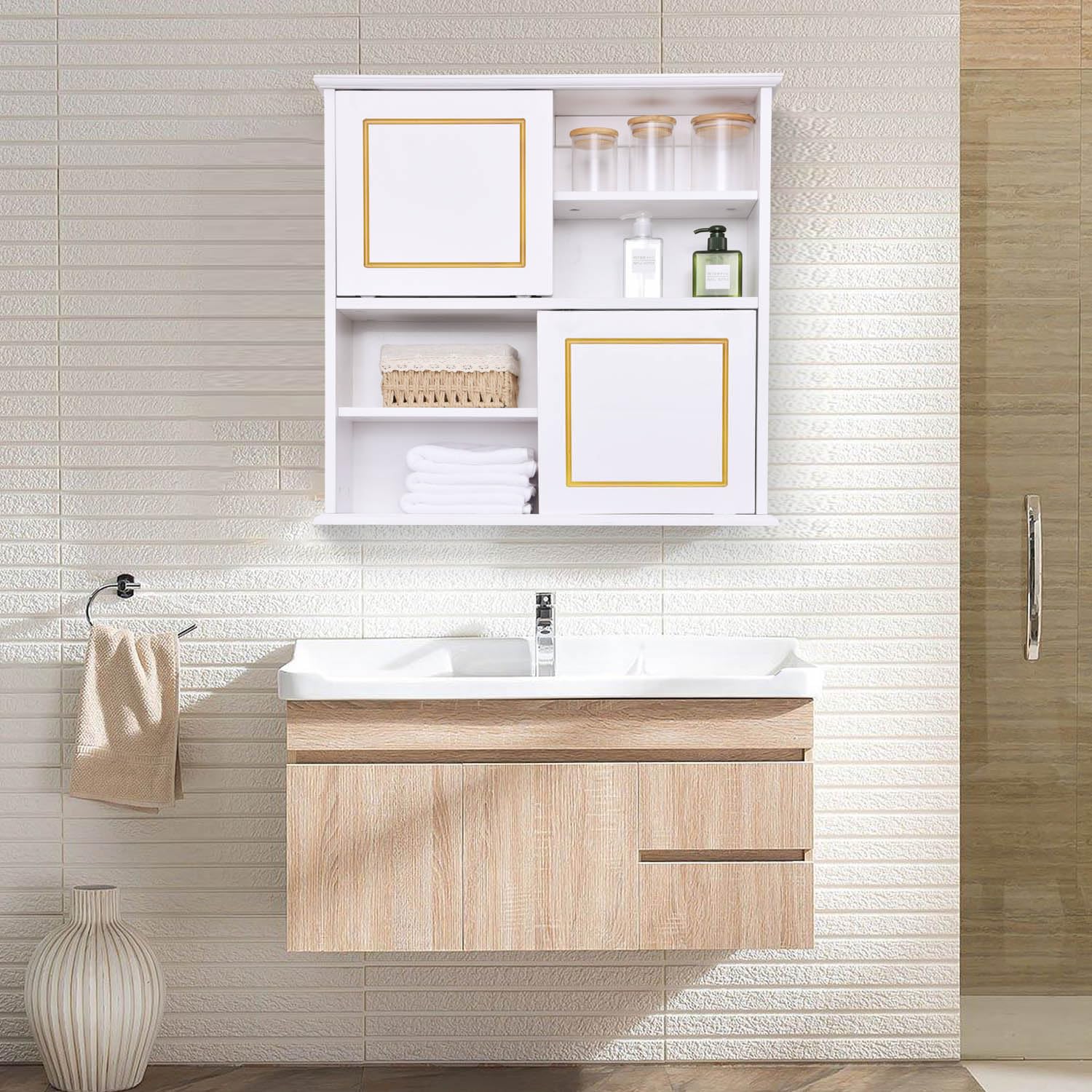 Ceredeme Wall Storage Cabinet, Bathroom Medicine Cabinets with Sliding Door and Adjustable Shelves, Wood Fashion Cabinet for Bathroom, Kitchen, Living Room, White