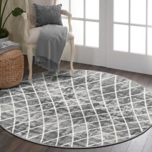 trellis washable round area rug - grey 4ft round rug non-slip distressed design small bedroom circle rug non-shedding sofa carpet for bedroom living room kitchen