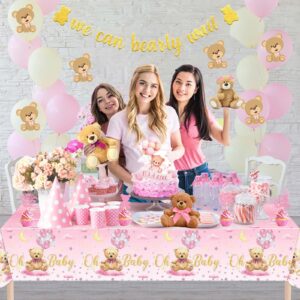 132 PCs Teddy Bear Baby Shower Decorations for Girl, Hombae Pink We Can Bearly Wait Baby Shower Decorations Backdrop Balloon Garland Glitter Banner Tablecloth Cake Cupcake Topper Box Cutout Sash