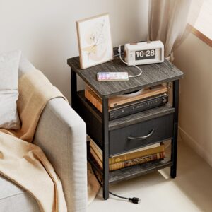 Fixwal Nightstand with Charging Station, 23.6Inch Side Table with Fabric Drawer, Storage Side Table for Bedroom, Gray