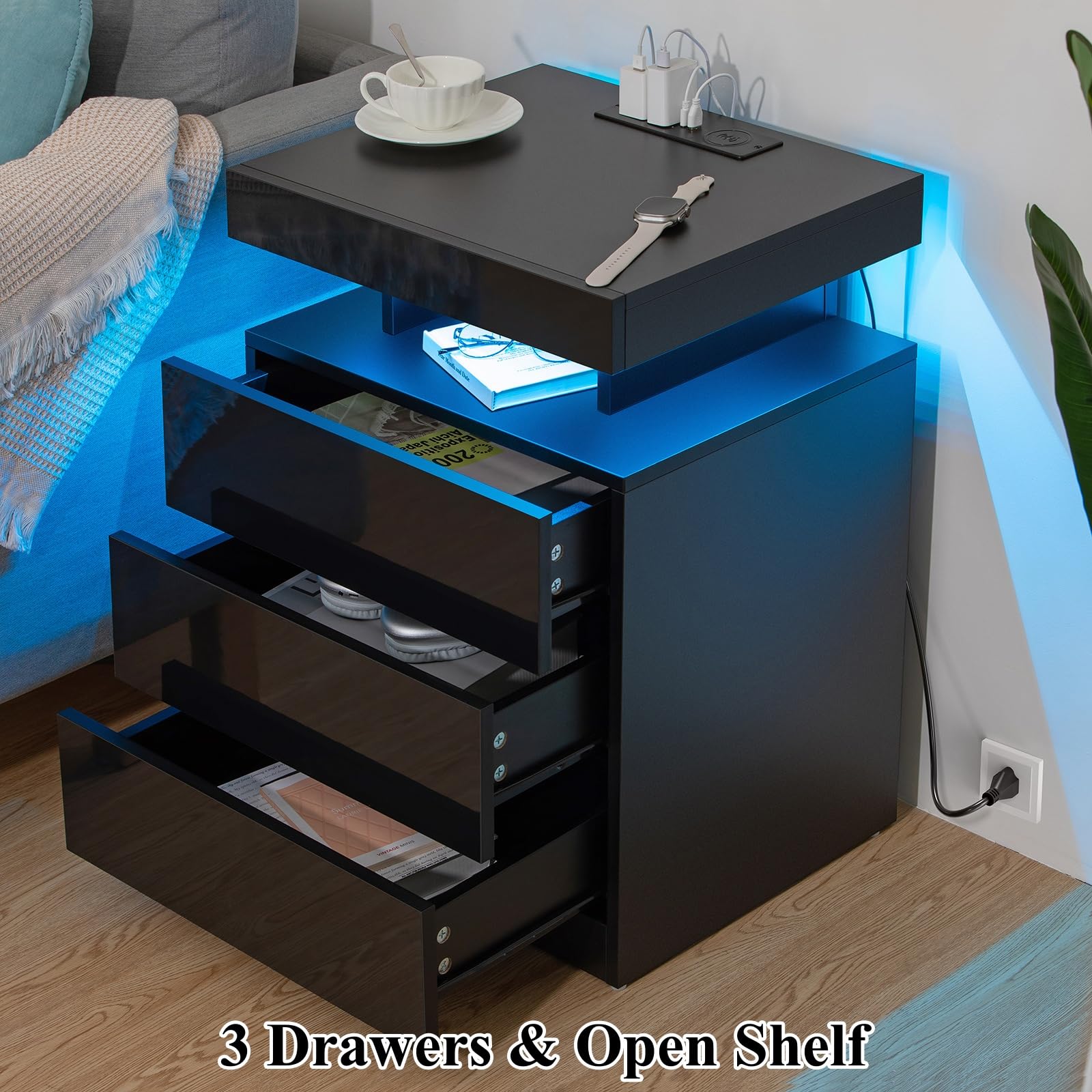 HOMMPA LED Nightstand with Wireless Charging Station & USB Ports, 3 Drawer Night Stand with LED Light RGB Adjustable Brightness, Smart Nightstand High Gloss Bedside Table for Bedroom Black