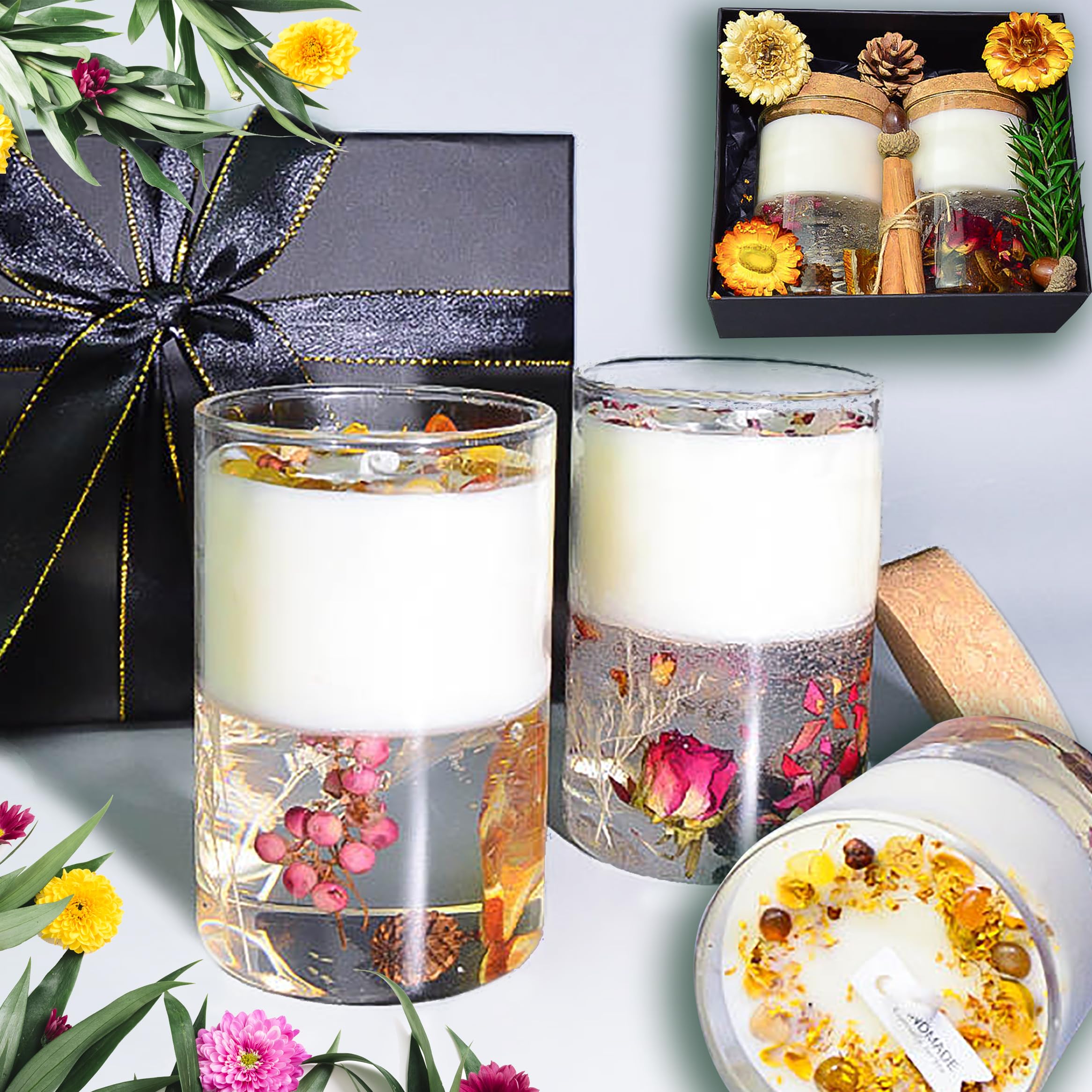 Crystal Candle Gift Set, Organic Natural Flowers in Yelly, Aromatherapy, Healing Gemstones, Botanical Scented Fragrance, Manifestation, Intention, Gel Candle, Christmas, Mother’s Day, Gift for Woman