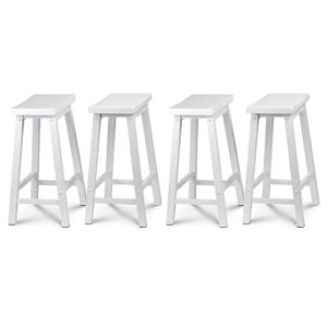 pj wood classic saddle-seat 24" tall kitchen counter stools for homes, dining spaces, and bars w/backless seats, 4 square legs, white (4 pack)