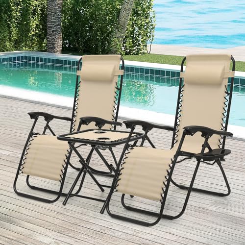 Magshion Zero Gravity Chairs Set of 2 with Side Table Adjustable Folding Outdoor Lounge Recliner for Patio Garden Beach Camping, Beige