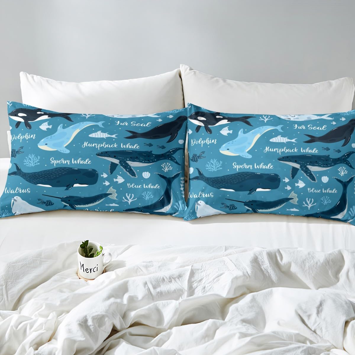 Erosebridal Whale Duvet Cover Twin for Kids Boys Girls,Coastal Sea Animal Fish Dolphin Seal Sea Lion Bedding Set,Beach Ocean Creatures Under The Sea Bed Set,Tropical Nautical Sea Marine Life Bed Sets