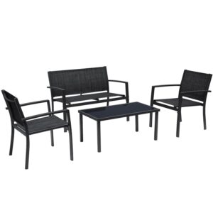 greesum 4 pieces patio furniture set outdoor conversation textilene fabric chairs for lawn, garden, balcony, poolside with a glass coffee table, black